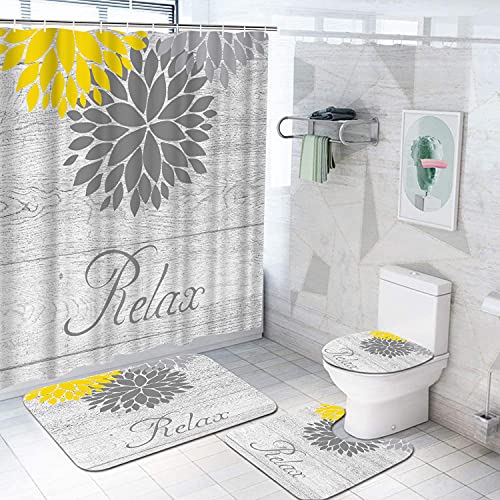 DuoBaorom 4 Pieces Set Yellow Grey Flower Shower Curtain Set Dahlia Floral Relax Sign Picture Print on Non-Slip Rugs Toilet Lid Cover Bath Mat and Bathroom Curtain with 12 Hooks 72x72inch