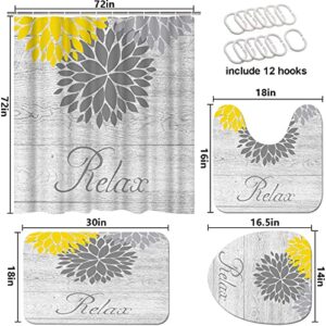 DuoBaorom 4 Pieces Set Yellow Grey Flower Shower Curtain Set Dahlia Floral Relax Sign Picture Print on Non-Slip Rugs Toilet Lid Cover Bath Mat and Bathroom Curtain with 12 Hooks 72x72inch