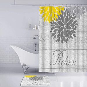 DuoBaorom 4 Pieces Set Yellow Grey Flower Shower Curtain Set Dahlia Floral Relax Sign Picture Print on Non-Slip Rugs Toilet Lid Cover Bath Mat and Bathroom Curtain with 12 Hooks 72x72inch