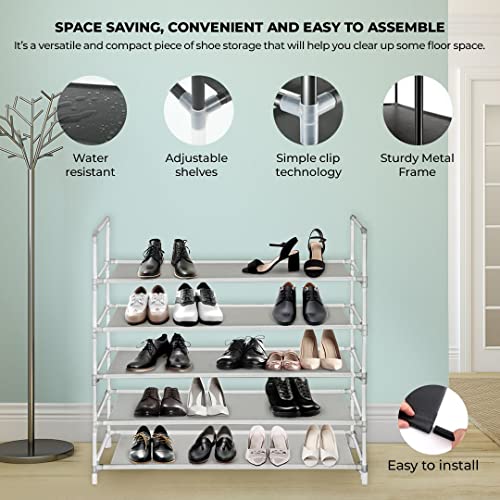 Halter 5 Tier Shoe Rack Organizer, Space Saving, Easy Storage Shoe Organizer Stand for Closets, Entryways and Bedrooms- Grey