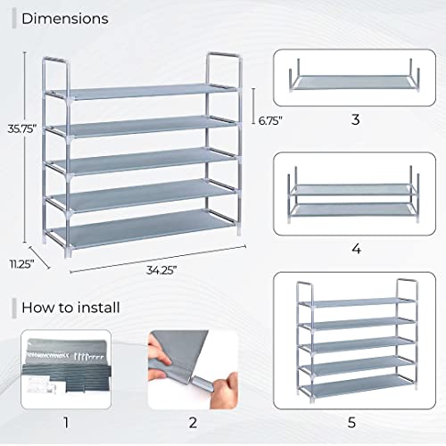 Halter 5 Tier Shoe Rack Organizer, Space Saving, Easy Storage Shoe Organizer Stand for Closets, Entryways and Bedrooms- Grey