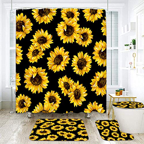 ArtSocket 4 Pcs Shower Curtain Set Yellow Sunflower Black Floral Blooms Bouquet consecutively Garden Leaf Petal with Non-Slip Rugs Toilet Lid Cover and Bath Mat Bathroom Decor Set 72" x 72"