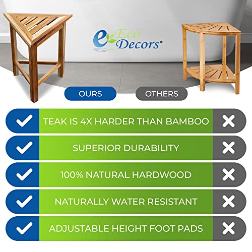 Fully Assembled EcoDecors Flexi Triangle Teak Shaving Shower Stool Bathroom Shelf Chair Caddy Use for Corner Bathroom Seat or Storage 14.5 Inch Radius