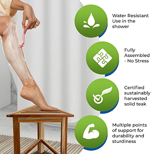 Fully Assembled EcoDecors Flexi Triangle Teak Shaving Shower Stool Bathroom Shelf Chair Caddy Use for Corner Bathroom Seat or Storage 14.5 Inch Radius