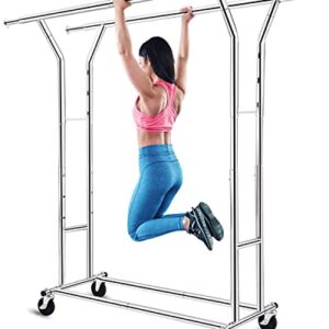 HOKEEPER 330 Lbs Double Clothing Garment Racks Commercial Rolling Clothes Rack for Hanging Clothes Heavy Duty Portable Collapsible Chrome