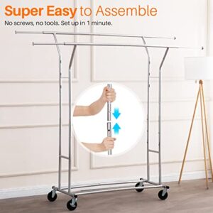 HOKEEPER 330 Lbs Double Clothing Garment Racks Commercial Rolling Clothes Rack for Hanging Clothes Heavy Duty Portable Collapsible Chrome