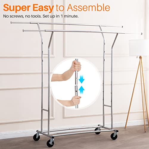 HOKEEPER 330 Lbs Double Clothing Garment Racks Commercial Rolling Clothes Rack for Hanging Clothes Heavy Duty Portable Collapsible Chrome