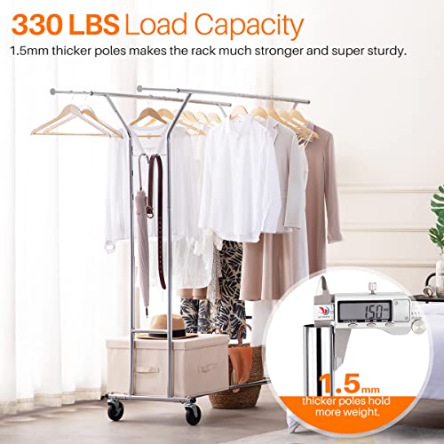 HOKEEPER 330 Lbs Double Clothing Garment Racks Commercial Rolling Clothes Rack for Hanging Clothes Heavy Duty Portable Collapsible Chrome