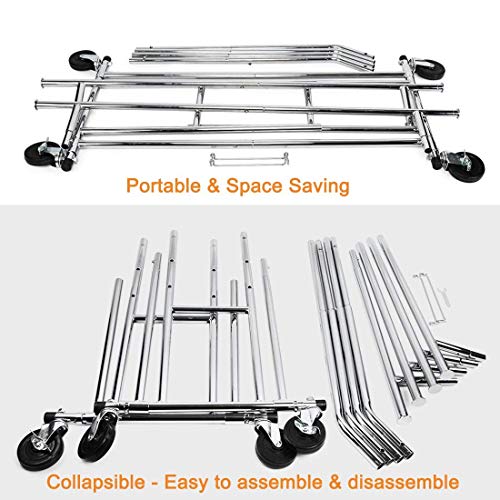 HOKEEPER 330 Lbs Double Clothing Garment Racks Commercial Rolling Clothes Rack for Hanging Clothes Heavy Duty Portable Collapsible Chrome