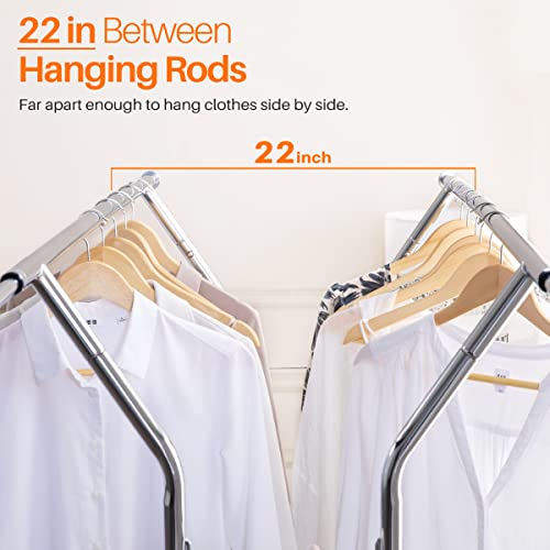 HOKEEPER 330 Lbs Double Clothing Garment Racks Commercial Rolling Clothes Rack for Hanging Clothes Heavy Duty Portable Collapsible Chrome