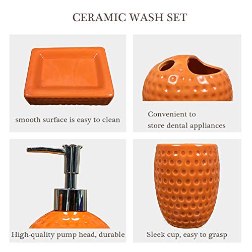 bbruriy 4-Pieces Orange Ceramic Bathroom Decor Accessory Set Includes Soap Lotion Dispenser,Soap Dish,Cup and Toothbrush Holder