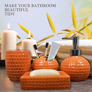 bbruriy 4-Pieces Orange Ceramic Bathroom Decor Accessory Set Includes Soap Lotion Dispenser,Soap Dish,Cup and Toothbrush Holder