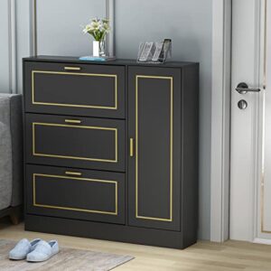 Homsee 3 Drawers Shoe Storage Cabinet with Door, 3-Tier Wood Shoe Rack Storage Organizer with Shelves for Entryway, Black and Gold (47.2”L x 9.5”W x 47.2”H)