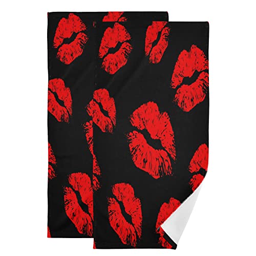 KEEPREAL Valentine's Day Red Lips Print Soft Hand Towels for Bath Valentine's Day Decorative Guest Towels Fingertip Towels for Bathroom Spa Gym (14.4 x 28.3 inch, 2-Piece)