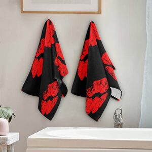 KEEPREAL Valentine's Day Red Lips Print Soft Hand Towels for Bath Valentine's Day Decorative Guest Towels Fingertip Towels for Bathroom Spa Gym (14.4 x 28.3 inch, 2-Piece)