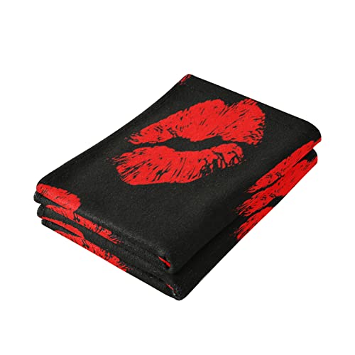 KEEPREAL Valentine's Day Red Lips Print Soft Hand Towels for Bath Valentine's Day Decorative Guest Towels Fingertip Towels for Bathroom Spa Gym (14.4 x 28.3 inch, 2-Piece)