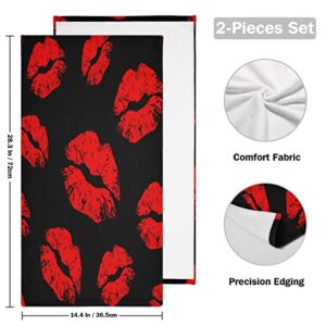 KEEPREAL Valentine's Day Red Lips Print Soft Hand Towels for Bath Valentine's Day Decorative Guest Towels Fingertip Towels for Bathroom Spa Gym (14.4 x 28.3 inch, 2-Piece)