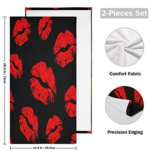 KEEPREAL Valentine's Day Red Lips Print Soft Hand Towels for Bath Valentine's Day Decorative Guest Towels Fingertip Towels for Bathroom Spa Gym (14.4 x 28.3 inch, 2-Piece)