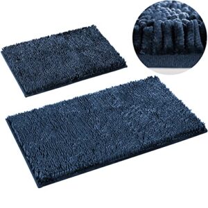 homeideas 2 pieces bathroom rugs set, non slip velvety-soft butter chenille bath rugs, 3x absorbent spa shaggy bath mat rugs, machine washable navy blue bathroom mat for bathroom, tub, shower