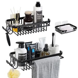 shower storage for inside shower, 3 pack shower organizer with hooks and soap holder, adhesive wall mount shower shelves, rustproof black shower caddy basket shelf storage rack for bathroom kitchen