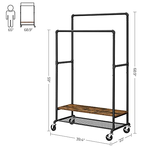 VASAGLE Rolling Clothes Rack, Double Rail Garment Rack on Wheels, Heavy-Duty Clothing Rack with Shelves, Industrial Pipe Design, Rustic Brown and Black URGR120B01