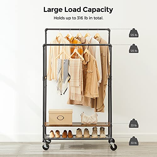 VASAGLE Rolling Clothes Rack, Double Rail Garment Rack on Wheels, Heavy-Duty Clothing Rack with Shelves, Industrial Pipe Design, Rustic Brown and Black URGR120B01