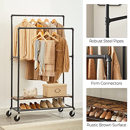 VASAGLE Rolling Clothes Rack, Double Rail Garment Rack on Wheels, Heavy-Duty Clothing Rack with Shelves, Industrial Pipe Design, Rustic Brown and Black URGR120B01