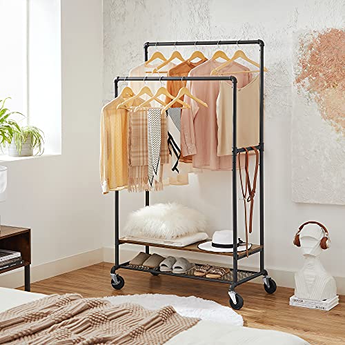 VASAGLE Rolling Clothes Rack, Double Rail Garment Rack on Wheels, Heavy-Duty Clothing Rack with Shelves, Industrial Pipe Design, Rustic Brown and Black URGR120B01