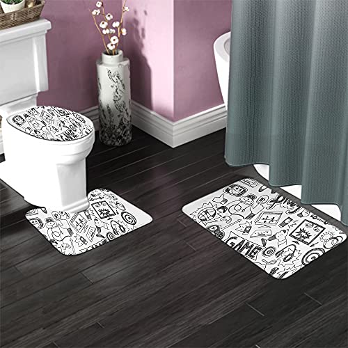 WONDERTIFY Kids Video Game Bathroom Antiskid Pad Computer Device Controller Button Handheld 3 Pieces Bathroom Rugs Set, Bath Mat+Contour+Toilet Lid Cover Black White