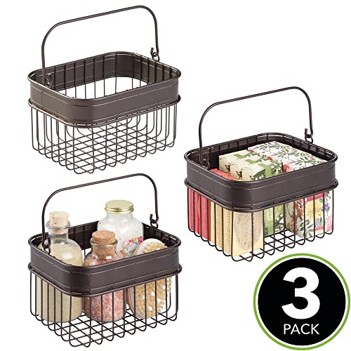 mDesign Small Metal Storage Basket Bin with Handle for Organizing Hand Soap, Body Wash, Shampoo, Lotion, Conditioner, Hand Towels, Hair Styling Accessories - Cameo Collection - 3 Pack - Bronze