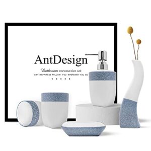 antdesign blue bathroom accessory set 5 pcs, including hand pump soap dispenser, soap dish, toothbrush holder and vase,for modern bathroom décor