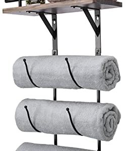 Towel Rack Holder for Bathroom Wall Mounted,Metal Towel Racks with Wooden Shelf and 3 Hooks,Storage Organizer for Bath Towel,Beach Towel,Hand Towel,Washcloth,Small Towel