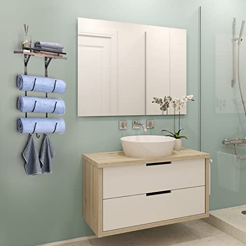 Towel Rack Holder for Bathroom Wall Mounted,Metal Towel Racks with Wooden Shelf and 3 Hooks,Storage Organizer for Bath Towel,Beach Towel,Hand Towel,Washcloth,Small Towel