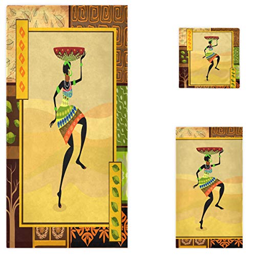 Naanle Ethnic African Woman Soft Luxury Decorative Set of 3 Towels, 1 Bath Towel+1 Hand Towel+1 Washcloth, Multipurpose for Bathroom, Hotel, Gym, Spa and Kitchen