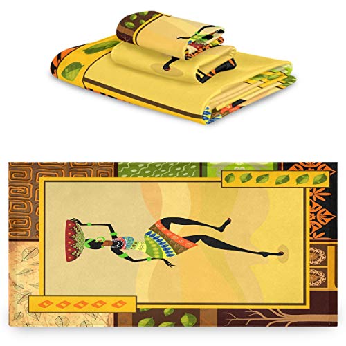 Naanle Ethnic African Woman Soft Luxury Decorative Set of 3 Towels, 1 Bath Towel+1 Hand Towel+1 Washcloth, Multipurpose for Bathroom, Hotel, Gym, Spa and Kitchen