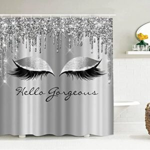 XVWJ Hello Gorgeous Eyelash Shower Curtain Set with Rugs Toilet Lid Cover and Bath Mat, Waterproof Fabric Bathroom Shower Curtains and Hooks, Stylish Silver Bathroom Decor Shower Curtains