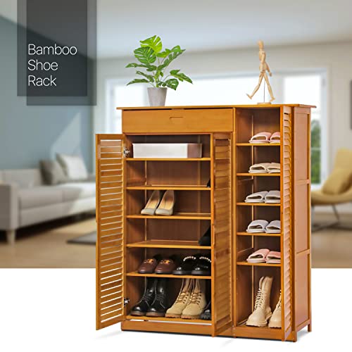 MoNiBloom Bamboo Multi-Tier Shoe Storage Cabinet with 1 Drawer & Shutter Door Shoes Organizer Rack for 21-25 Pairs Entryway Hallway, Brown