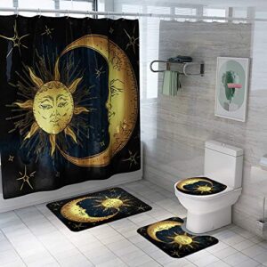 4pcs/set sun and moon print pattern shower curtains sets polyester waterproof bathroom shower curtain sets non-slip bathroom rugs bath mat set toilet lid cover+12 hooks, boho