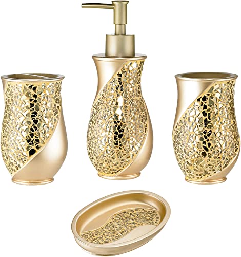 Zahari Home 4pc Sinatra Stylish Bathroom Accessories Set Champagne Gold Soap Dispenser Pump, Tumbler, Tooth Brush Holder and Soap Dish Modern Decor Bling Mosaic Glass Gold Bathroom Accessories