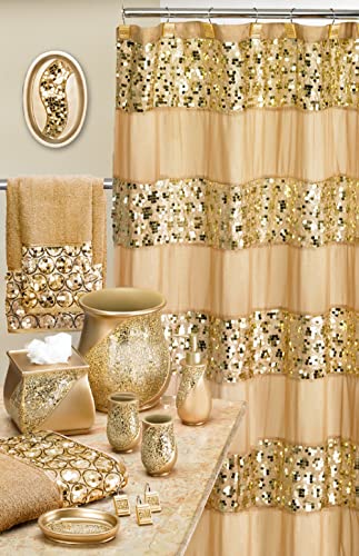 Zahari Home 4pc Sinatra Stylish Bathroom Accessories Set Champagne Gold Soap Dispenser Pump, Tumbler, Tooth Brush Holder and Soap Dish Modern Decor Bling Mosaic Glass Gold Bathroom Accessories