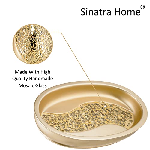 Zahari Home 4pc Sinatra Stylish Bathroom Accessories Set Champagne Gold Soap Dispenser Pump, Tumbler, Tooth Brush Holder and Soap Dish Modern Decor Bling Mosaic Glass Gold Bathroom Accessories