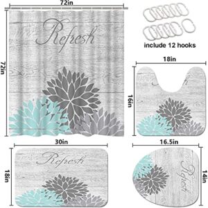 DuoBaorom 4 Pieces Set Teal and Grey Flower Shower Curtain Set Dahlia Floral Relax Sign Picture Print on Non-Slip Rugs Toilet Lid Cover Bath Mat and Bathroom Curtain with 12 Hooks 72x72inch