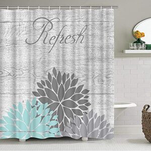 DuoBaorom 4 Pieces Set Teal and Grey Flower Shower Curtain Set Dahlia Floral Relax Sign Picture Print on Non-Slip Rugs Toilet Lid Cover Bath Mat and Bathroom Curtain with 12 Hooks 72x72inch