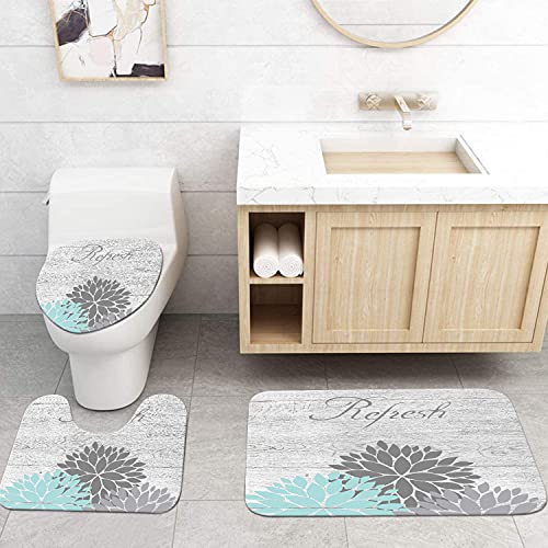 DuoBaorom 4 Pieces Set Teal and Grey Flower Shower Curtain Set Dahlia Floral Relax Sign Picture Print on Non-Slip Rugs Toilet Lid Cover Bath Mat and Bathroom Curtain with 12 Hooks 72x72inch