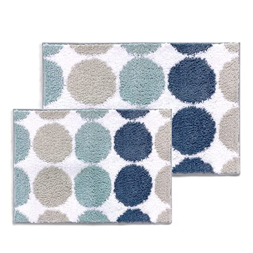 Sunlit 2 Pieces Bathroom Rugs Set, Non-Slip Absorbent Soft Shaggy Farmhouse Bath Mat, Floor Mat Dry Fast Machine Washable. Blue Teal Beige Polka Dot (20"x30"&17"x24")