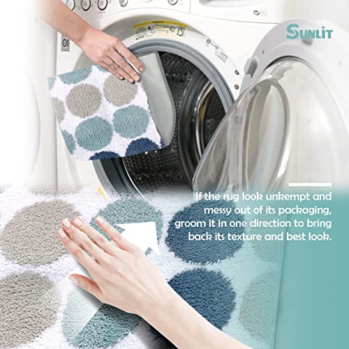 Sunlit 2 Pieces Bathroom Rugs Set, Non-Slip Absorbent Soft Shaggy Farmhouse Bath Mat, Floor Mat Dry Fast Machine Washable. Blue Teal Beige Polka Dot (20"x30"&17"x24")