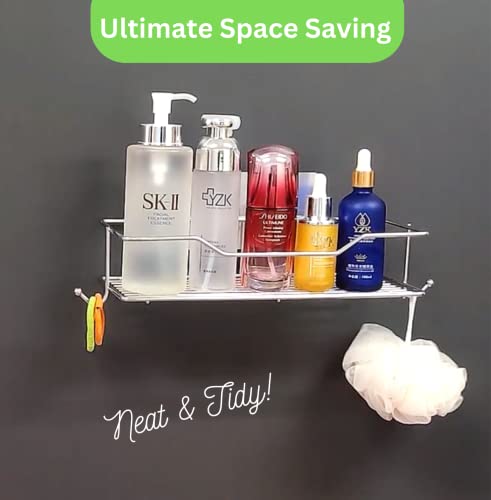 Elegant Shower Caddy with Powerful Adhesive and Hooks, No Drilling Shower Shelves, Wall Mounted Shower Organizer, Premium Stainless Steel Shower Rack, Perfect Shower Caddy Shelf for Your Daily Use