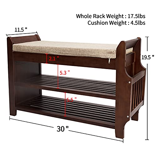 Bamboo Shoe Bench Rack with Removable Cushion, 2 Tier Entryway Shoe Storage Organizer Shelf with Hidden Drawer and Umbrella Stand for Living Room, Bedroom and Bathroom