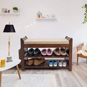 Bamboo Shoe Bench Rack with Removable Cushion, 2 Tier Entryway Shoe Storage Organizer Shelf with Hidden Drawer and Umbrella Stand for Living Room, Bedroom and Bathroom