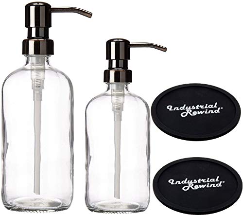 Clear Soap Dispensers with Gun Metal Soap Pumps, 8oz and 16oz Clear Bottles. Comes with Non Slip Coaster/Countertop Protector